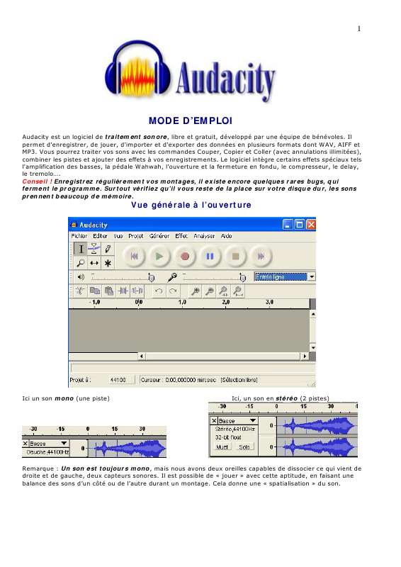 Notice AUDACITY AUDACITY - Trouver une solution à un problème AUDACITY ...