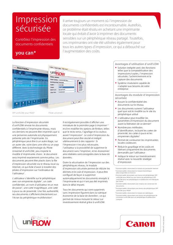 Notice CANON UNIFLOW SECURE PRINTING - logiciel de graphisme Trouver une solution à un problème ...