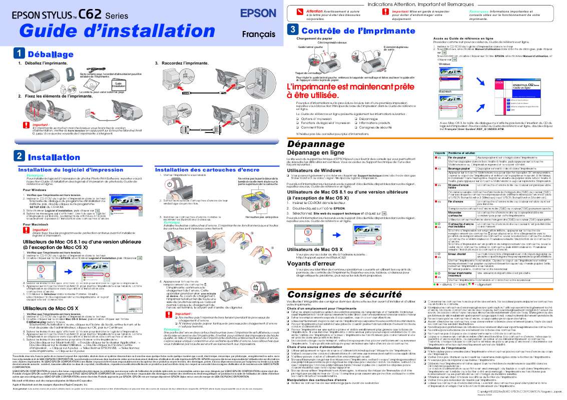 Notice EPSON STYLUS C62 - imprimante jet d'encre Trouver une solution à ...