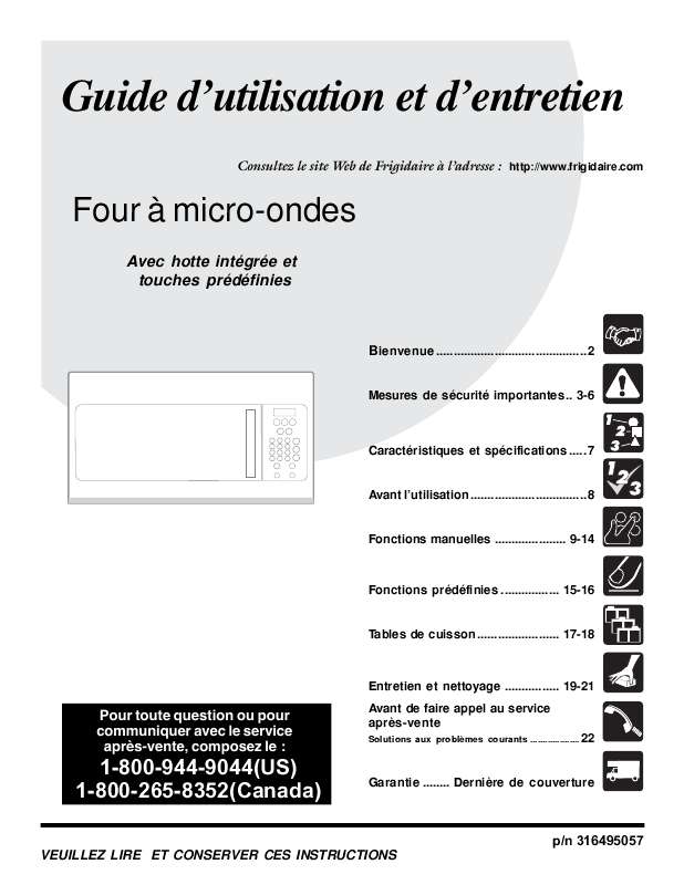 Notice four micro-onde FRIGIDAIRE FMV152K Trouver une solution à un ...