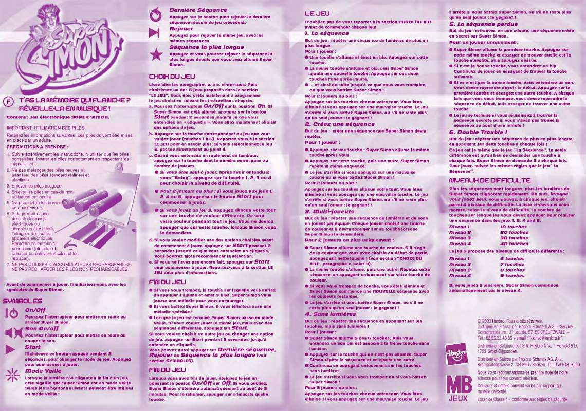 Notice HASBRO JEU SUPER SIMON - vidéoprojecteur Trouver une solution à ...