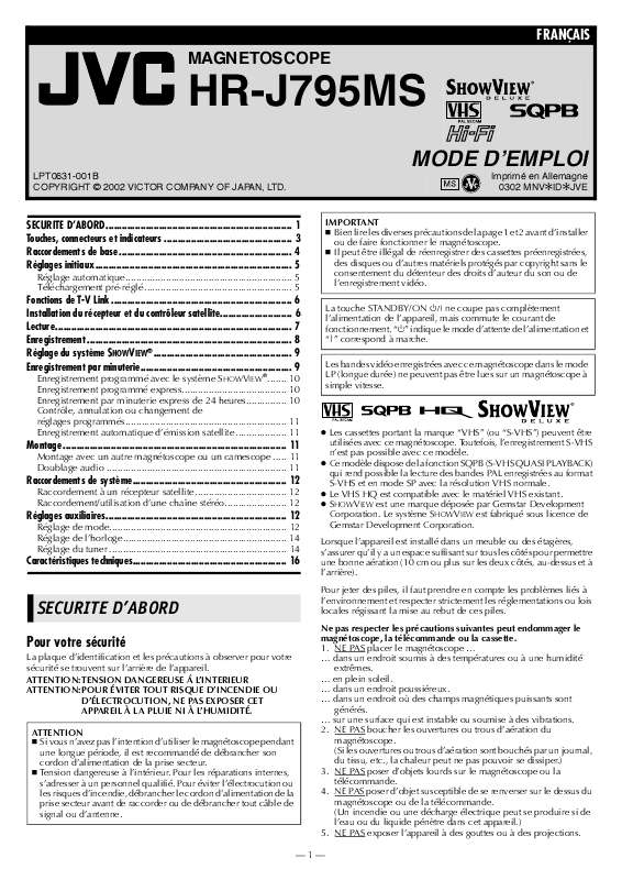 Notice JVC HR-J795MS - Trouver une solution à un problème JVC HR-J795MS mode d'emploi JVC HR ...
