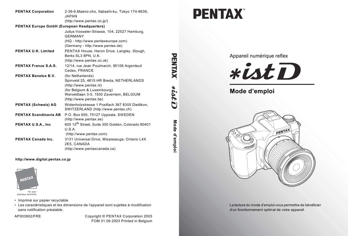 Notice PENTAX *IST D - appareil photo Trouver une solution à un problème PENTAX *IST D mode d ...