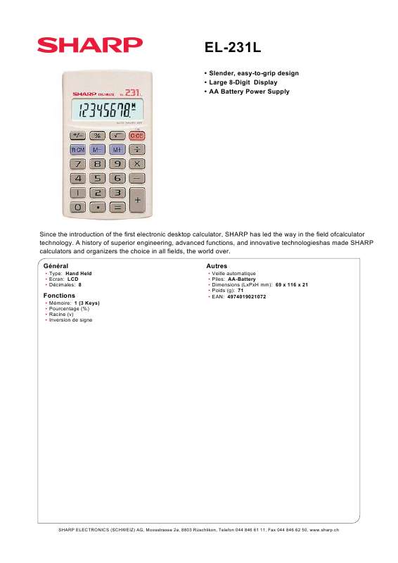 Notice SHARP EL-231L - calculatrice Trouver une solution à un problème ...