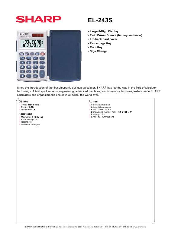 Notice SHARP EL-243S - calculatrice Trouver une solution à un problème ...