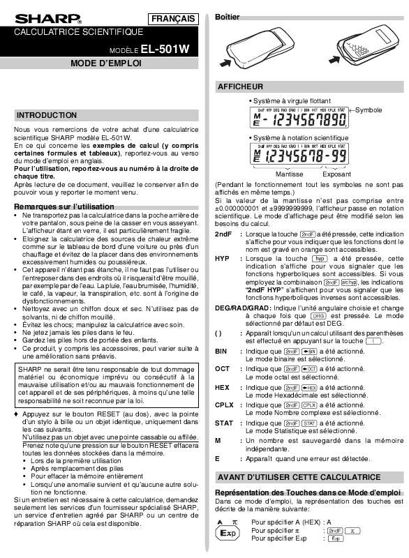 Notice SHARP EL-501W - calculatrice Trouver une solution à un problème ...