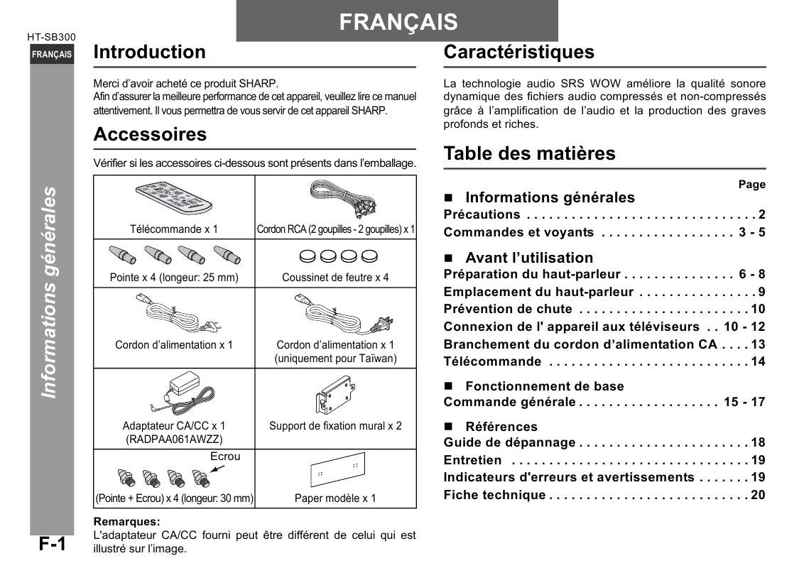 Notice SHARP HT-SB300 - tv Trouver une solution à un problème SHARP HT ...