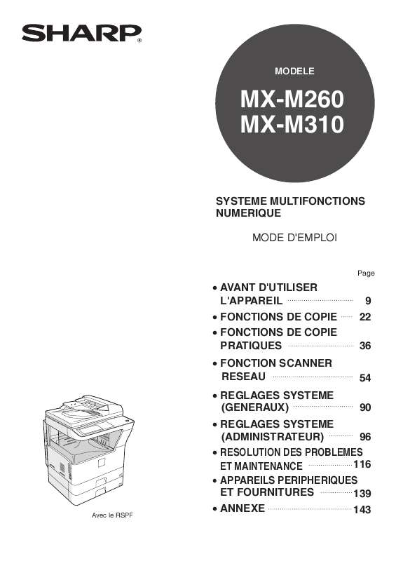 Notice SHARP MX-M260 - photocopieur Trouver une solution à un problème SHARP MX-M260 mode d ...