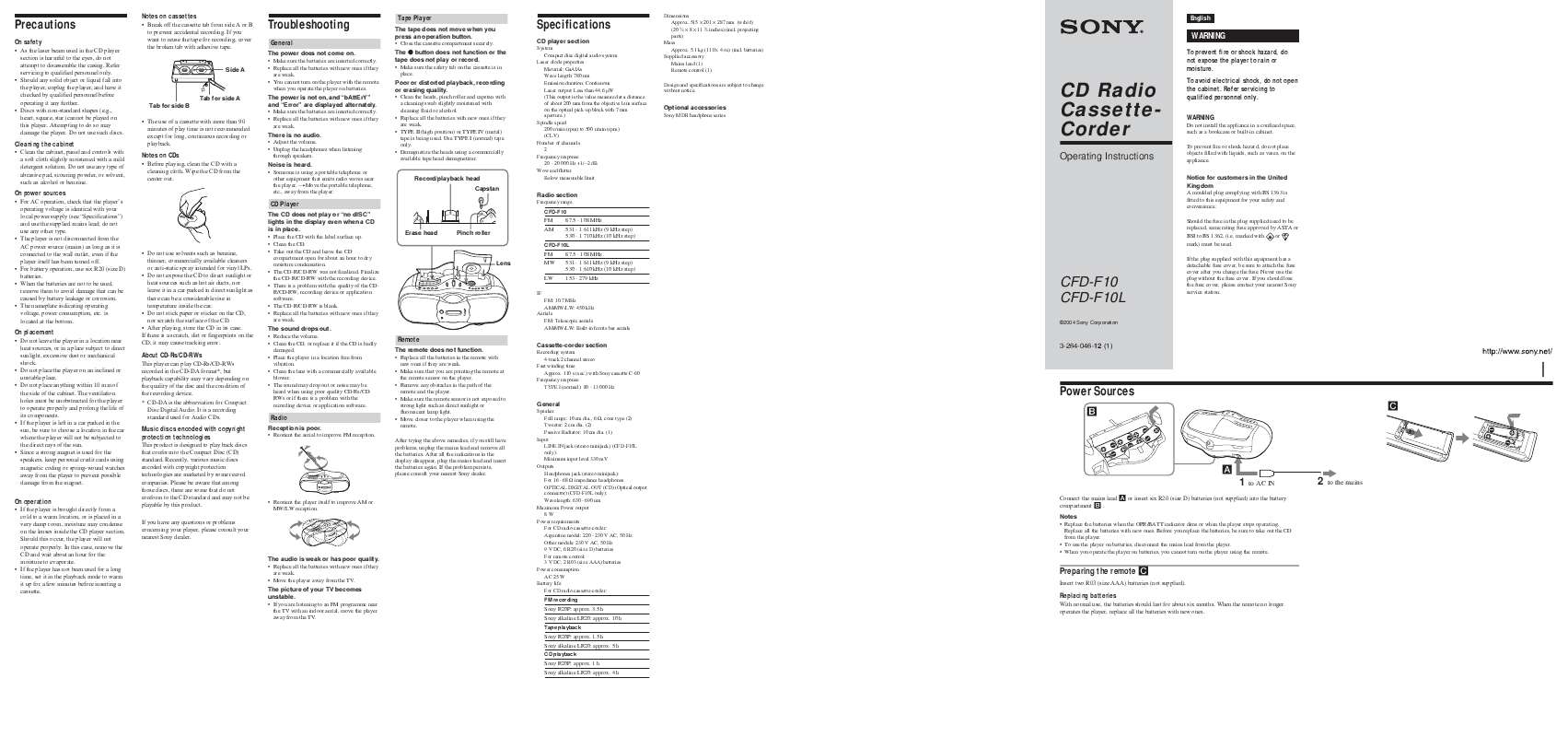 Notice SONY CFD-F10L - radio cd Trouver une solution à un problème SONY CFD-F10L mode d'emploi ...