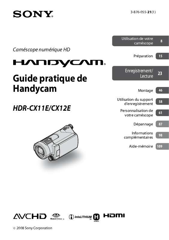 Notice SONY HDR-CX12E - action cam Trouver une solution à un problème ...