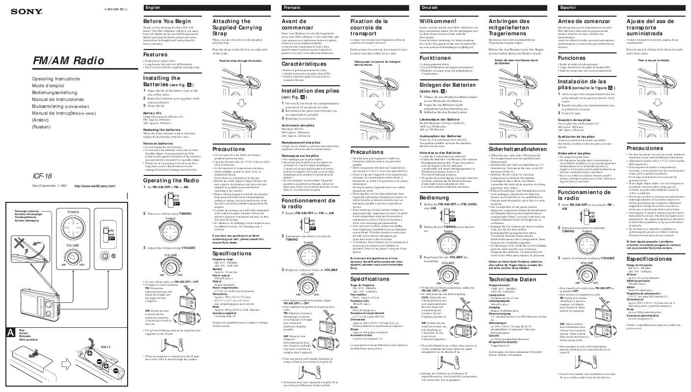 Notice SONY ICF-18 - radio-réveil Trouver une solution à un problème ...