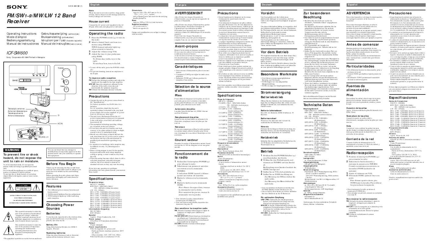 Notice SONY ICF-SW600 - radio-réveil Trouver une solution à un problème SONY ICF-SW600 mode d ...