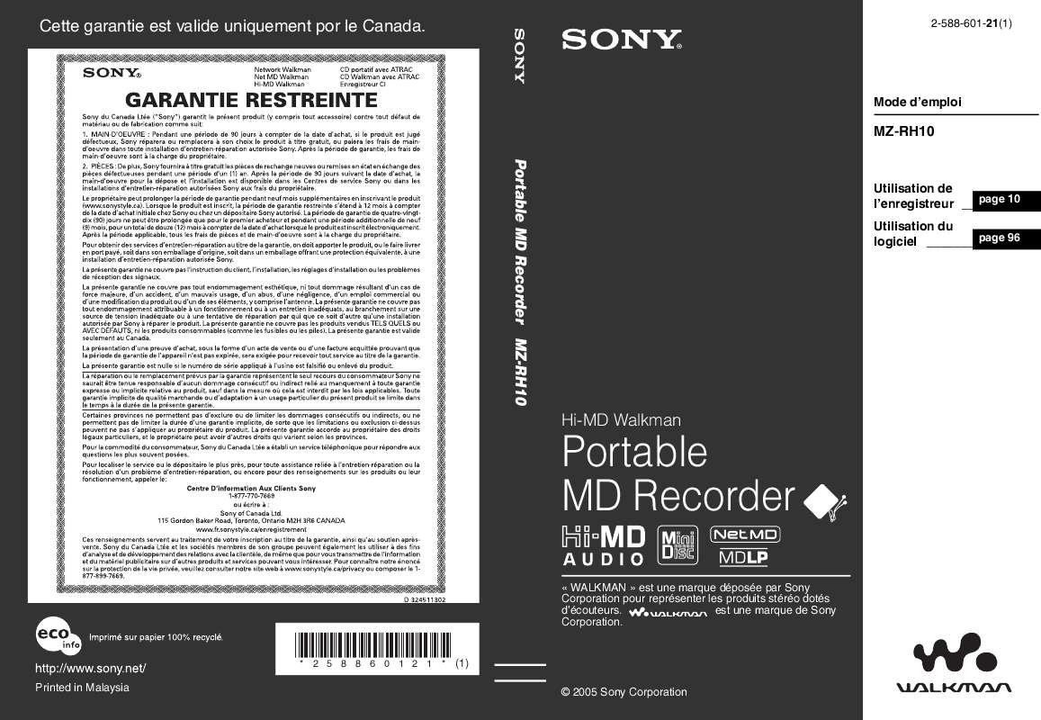 Notice SONY MZ-RH10 - lecteur mp3 Trouver une solution à un problème ...