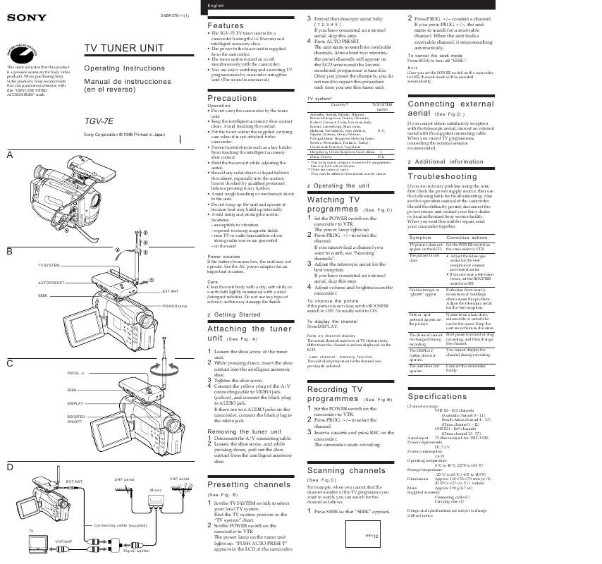 Notice SONY TGV-7E - Trouver une solution à un problème SONY TGV-7E mode d'emploi SONY TGV-7E ...