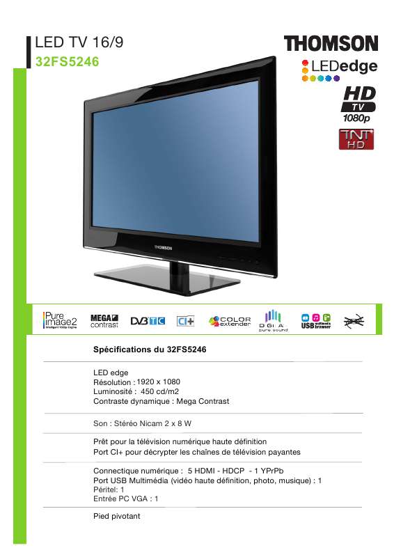 Notice THOMSON 32FS5246 - tv Trouver une solution à un problème THOMSON 32FS5246 mode d'emploi ...