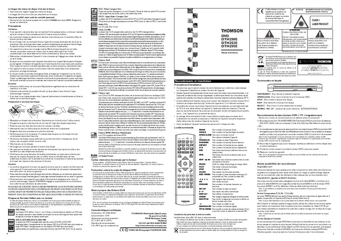 Notice THOMSON DTH252E - lecteur dvd Trouver une solution à un problème THOMSON DTH252E mode d ...